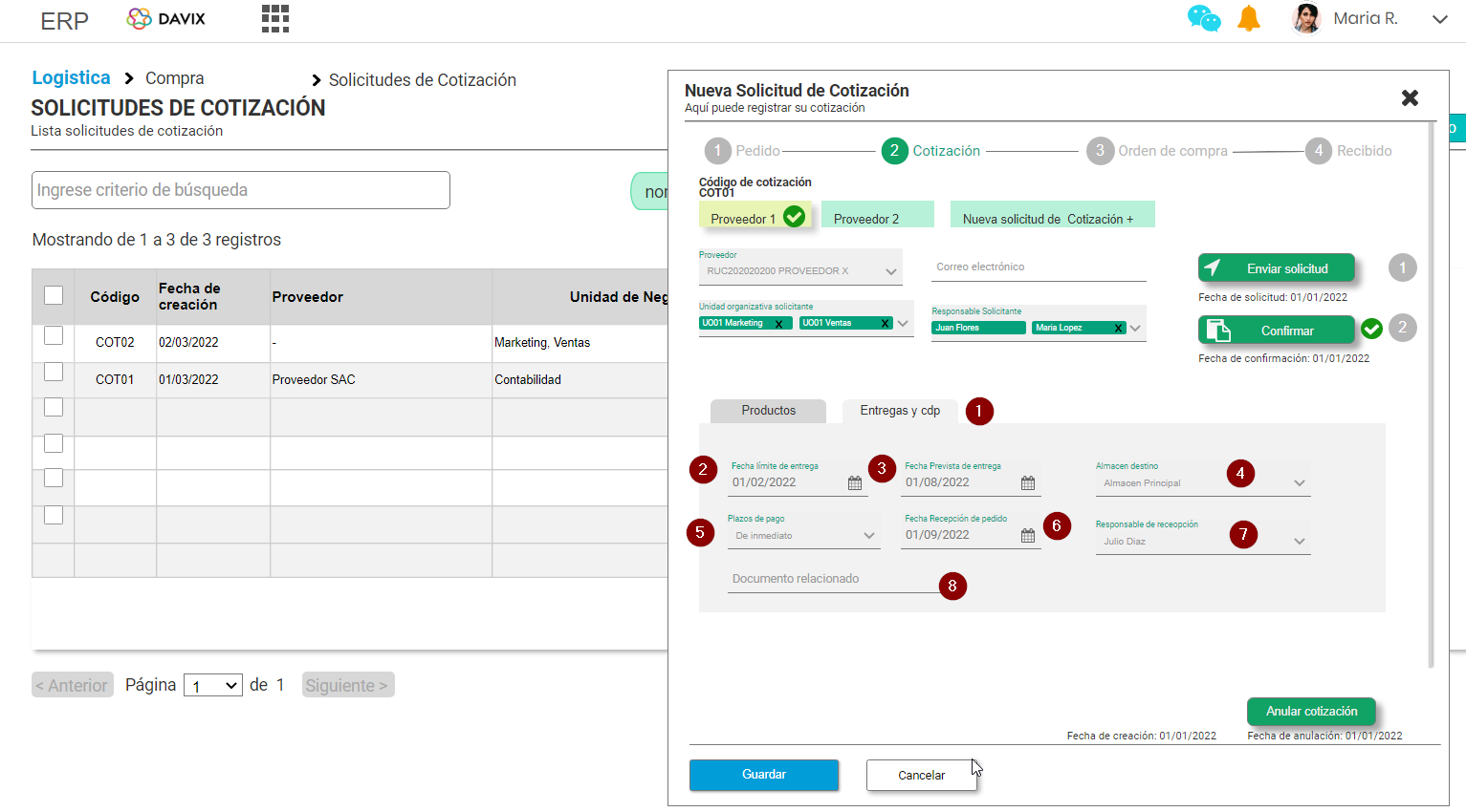 Nueva Solicitud de Cotización – Sección Entrega – SYSLACSDEV DOCS